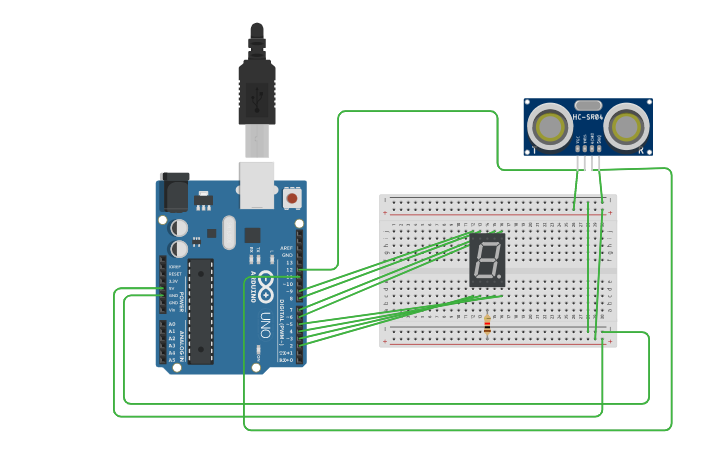 Circuit design Ultrasonic with 7 segment display - Tinkercad