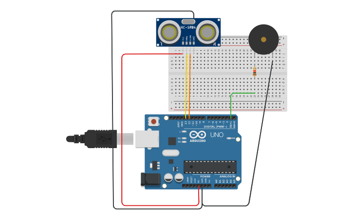 Circuit design Cipolla Alberto sensore di distanza e buzzer - Tinkercad Circuit design Cipolla Alberto sensore di distanza e buzzer - Tinkercad