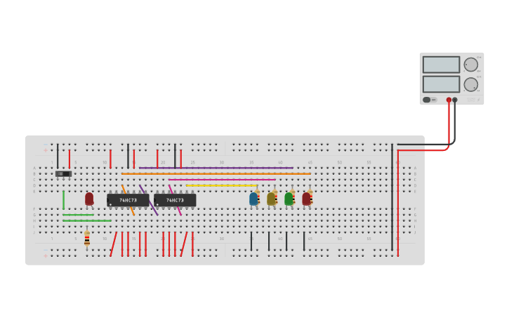 Circuit design 4-bit Asynchronous Up counter - Tinkercad