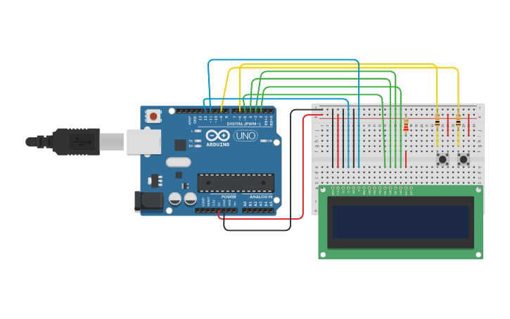 Circuit Design Lcd 16x2 Con 2 Pulsadores Tinkercad