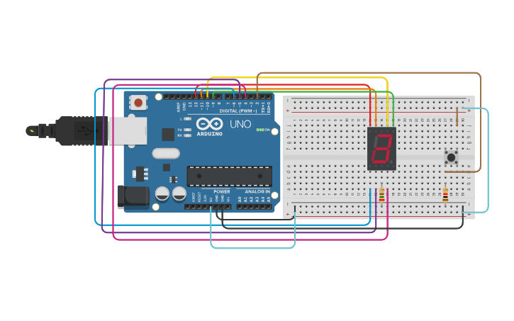 Circuit design DISPLAY 7 SEGMENTOS CON BOTON - Tinkercad