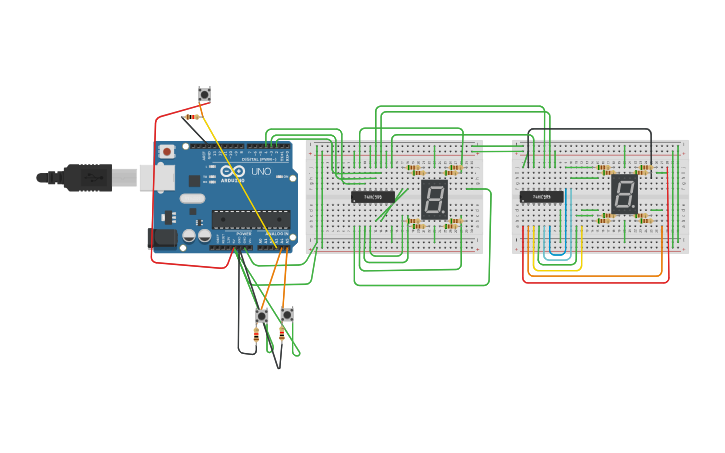 Circuit design Copy of 2 x 7-segment displays with the 74HC595 shift registers - Tinkercad