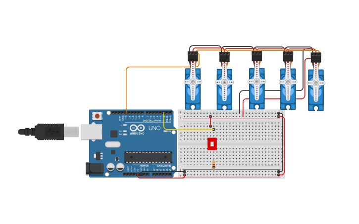Circuit design Control 5 servo using DIP DPST switch - Tinkercad