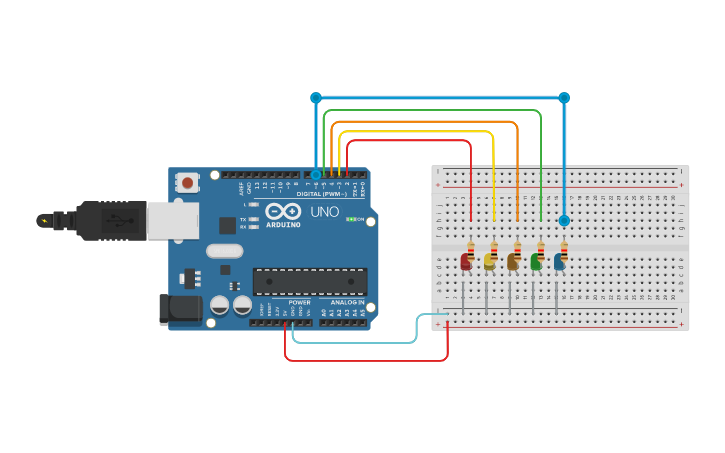 Circuit design 5 LED - Tinkercad