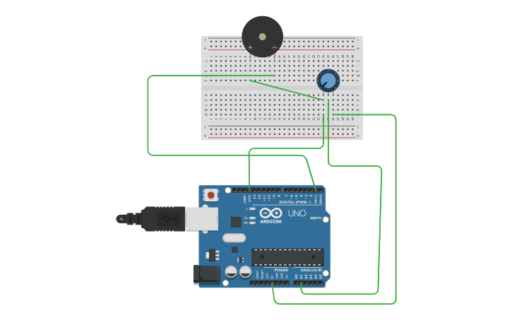Circuit design potetiometer_and_piezo - Tinkercad