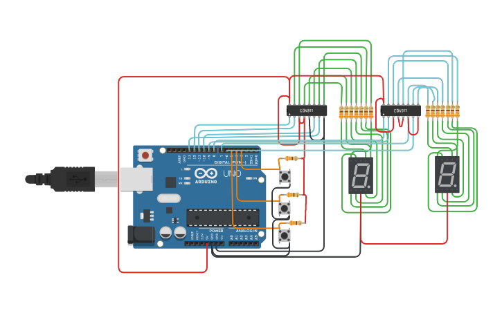 Circuit design 2 Display 7 segmenti e 2 BCD | Tinkercad