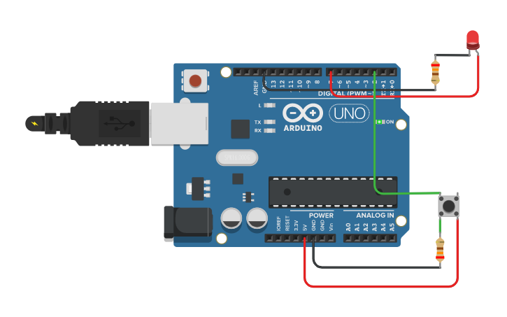 Circuit design Encender un led con un pulsador - Tinkercad Circuit design Encender un led con un pulsador - Tinkercad