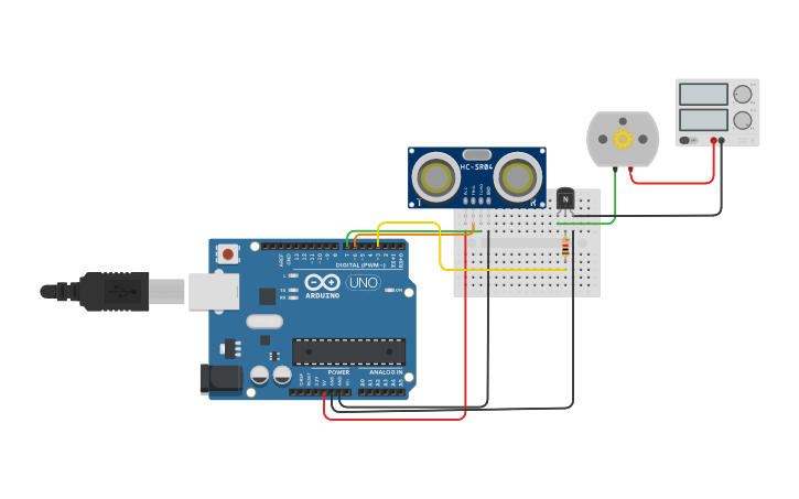 Circuit design Sensor ultrasonido y motor - Tinkercad