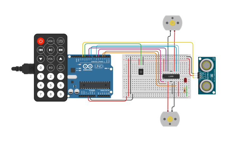 Circuit design remote-car-with-hbridge-distsensor-steering | Tinkercad