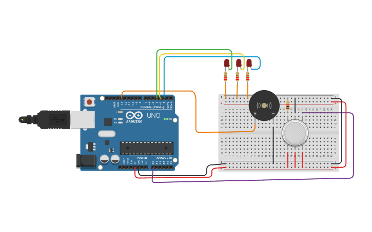 Circuit design Uso del Sensor de Gas MQ2 - Tinkercad