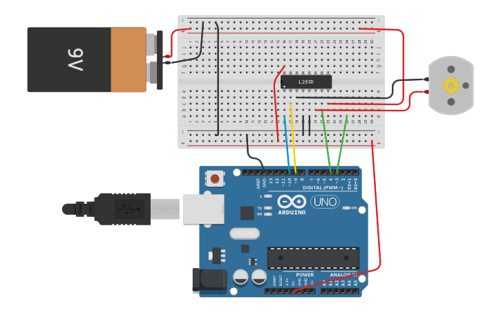 Circuit design Motor DC L293D | Tinkercad