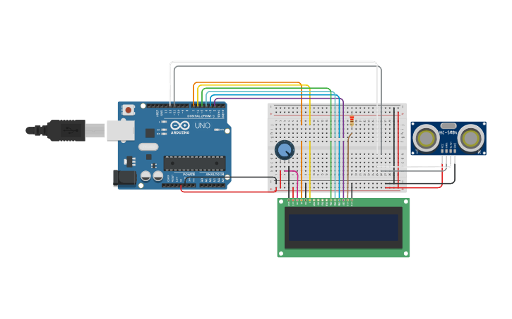 Circuit design ARETA_CPE-3104_ULTRASONIC SENSOR WITH LCD - Tinkercad