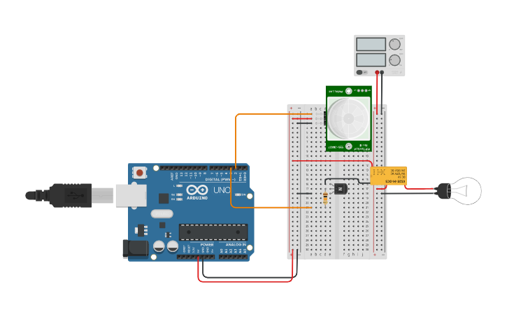 Circuit design PIR sensor controlling water valve - Tinkercad