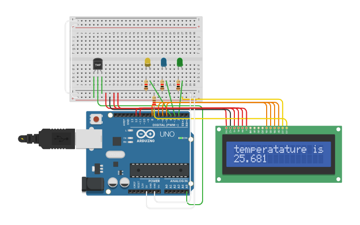 Circuit design температура и лсд - Tinkercad