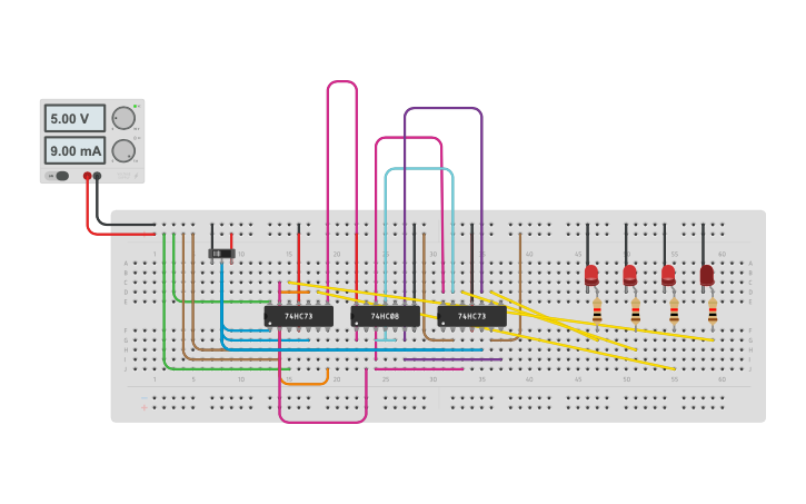 Circuit design 4 bit synchronous DOWN counter - Tinkercad Circuit design 4 bit synchronous DOWN counter - Tinkercad