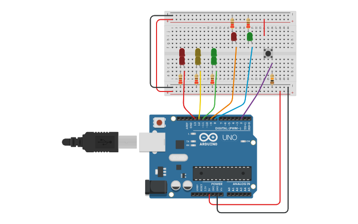 Circuit design Semáforo com botão de pedestre - Tinkercad
