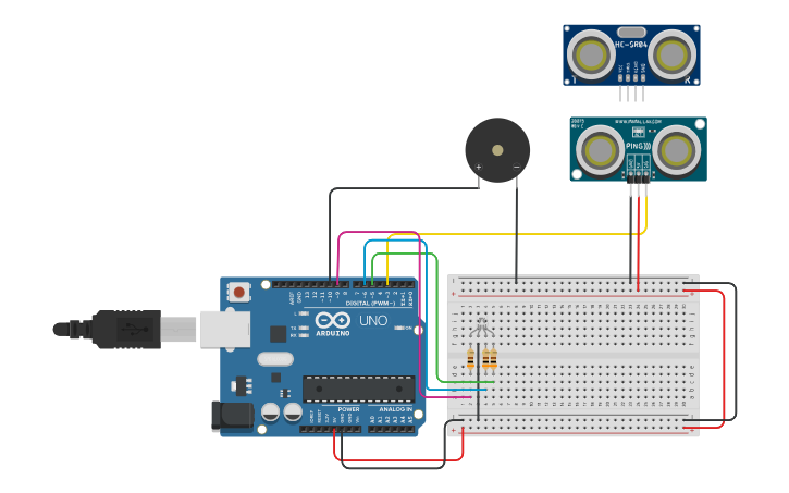 Circuit design Desafio (Sensor ultrassônico) - Tinkercad