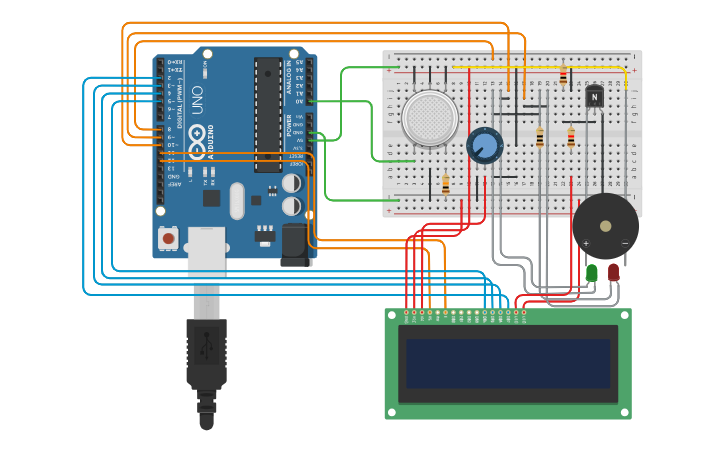 Circuit design alarm kebocoran gas - Tinkercad