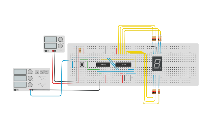 Circuit design ENGG 121 74HC93 binary counter demo - Tinkercad