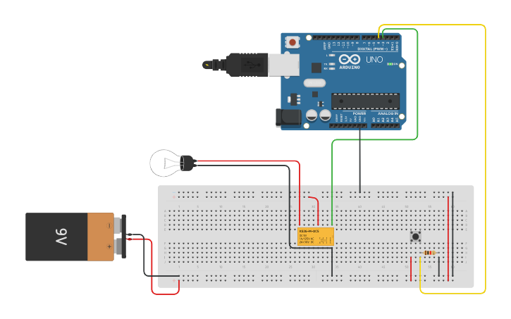 Circuit design Acionar lâmpada usando rele + botao - Tinkercad Circuit design Acionar lâmpada usando rele + botao - Tinkercad