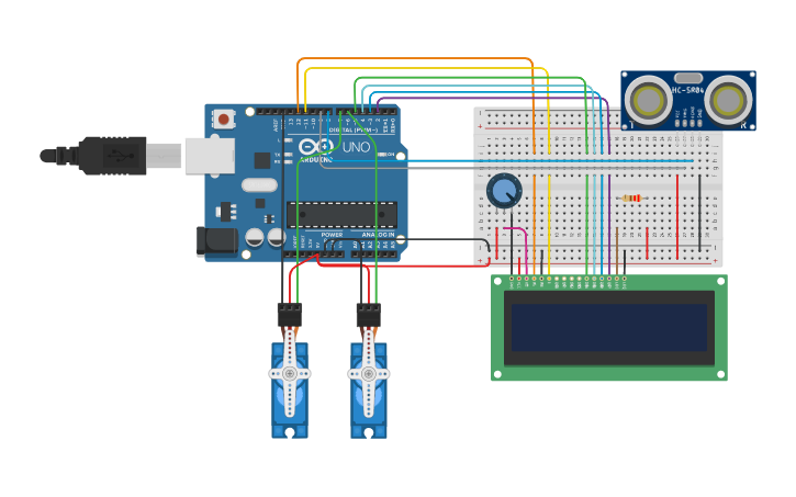Circuit design Servo LCD and sonar - Tinkercad