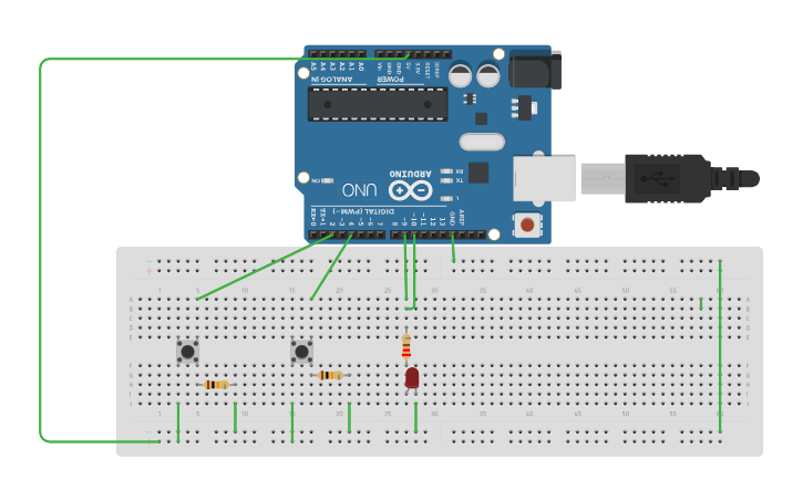 Circuit design Dos pulsadores y un led - Tinkercad