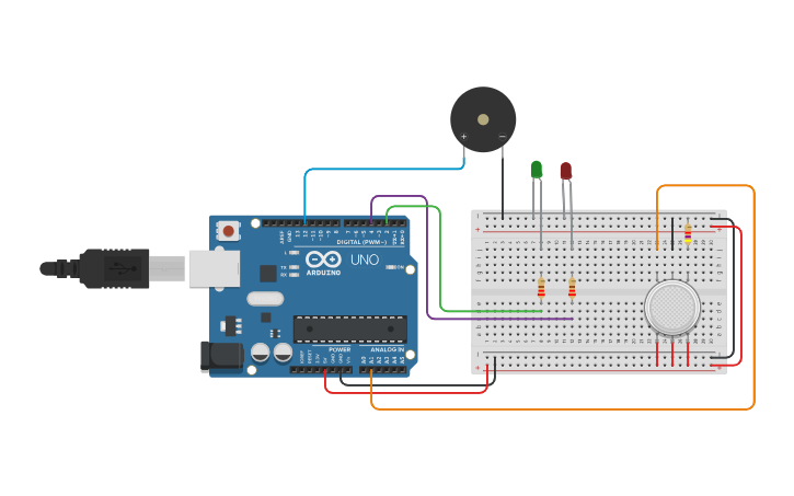 Circuit design Exp-6 Gas Sensor + LED +Buzzer + Arduino Uno - Tinkercad
