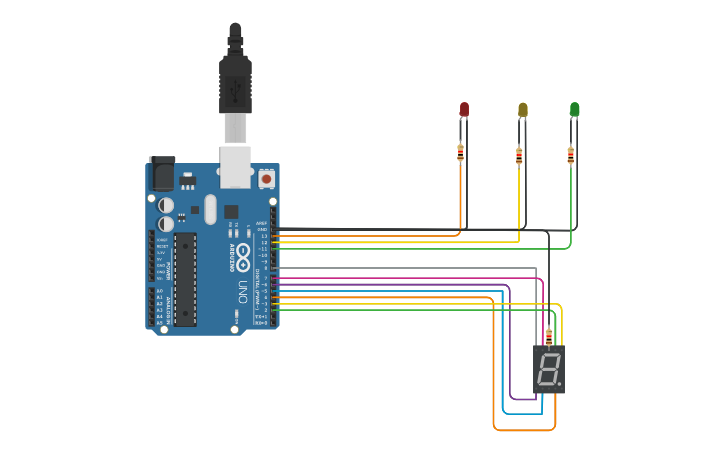 Circuit design traffic light with 7 segment - Tinkercad