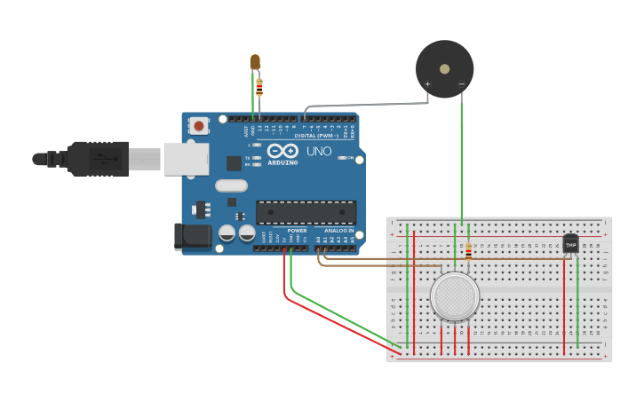 Circuit design Smoke and temperature detection system - Tinkercad