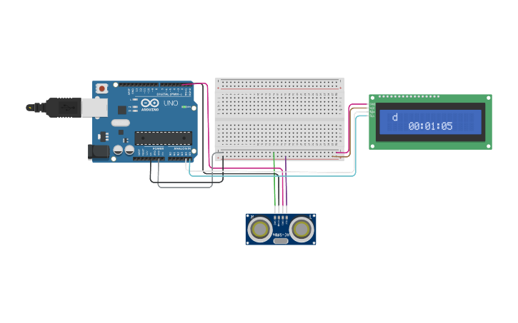 Circuit design lcd buzzer ultrasonic - Tinkercad