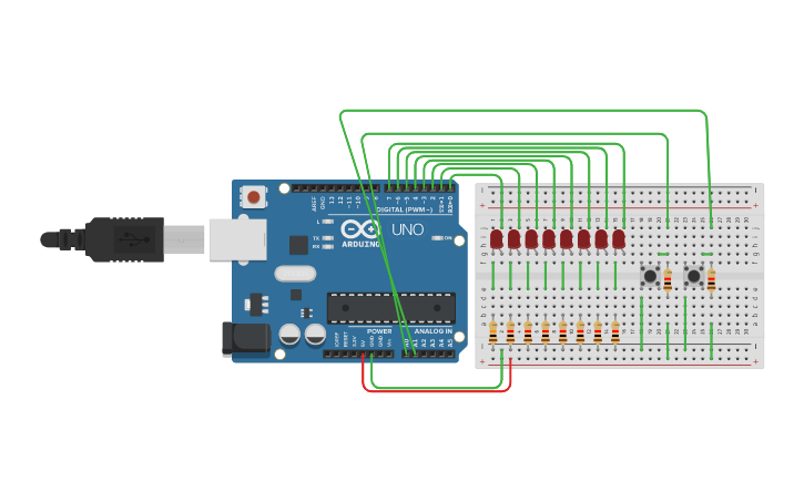 Circuit design Control 8 LEDs with button - Tinkercad