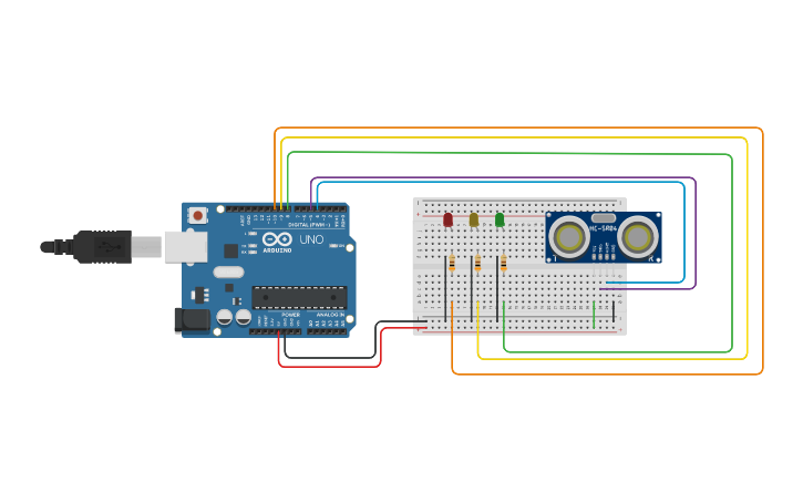 Circuit design Experimento com sensor ultrassônico - Tinkercad