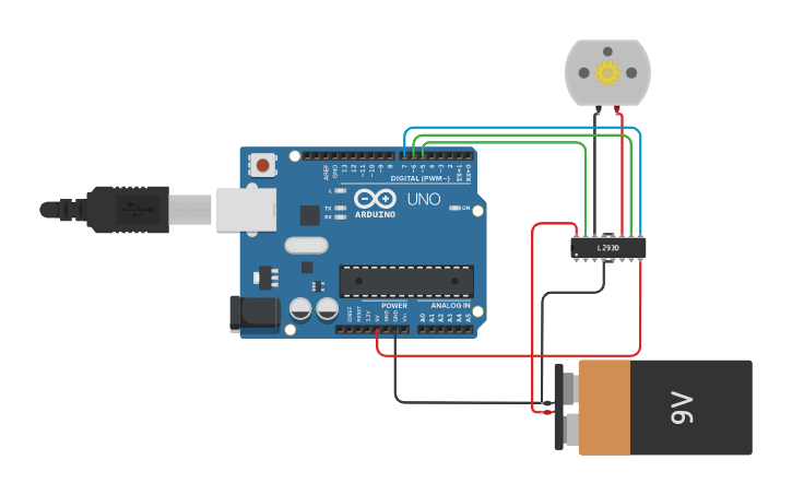 Circuit design DC Motor Arduino L293D - Tinkercad