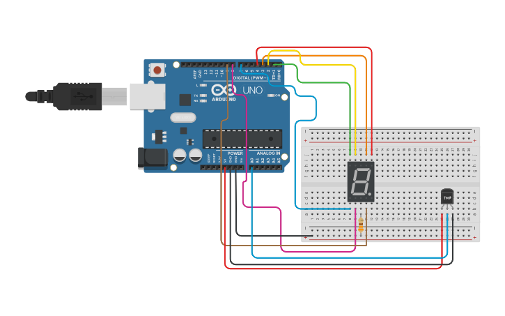 Circuit design Display 7 segmentos temperatura - Tinkercad