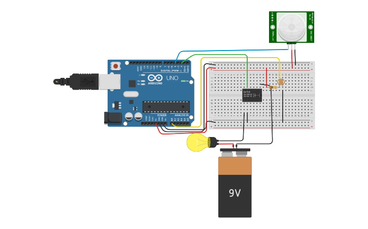 Circuit design Copy of Copy of Sensor PIR com LDR e relé | Tinkercad Circuit design Copy of Copy of Sensor PIR com LDR e relé | Tinkercad