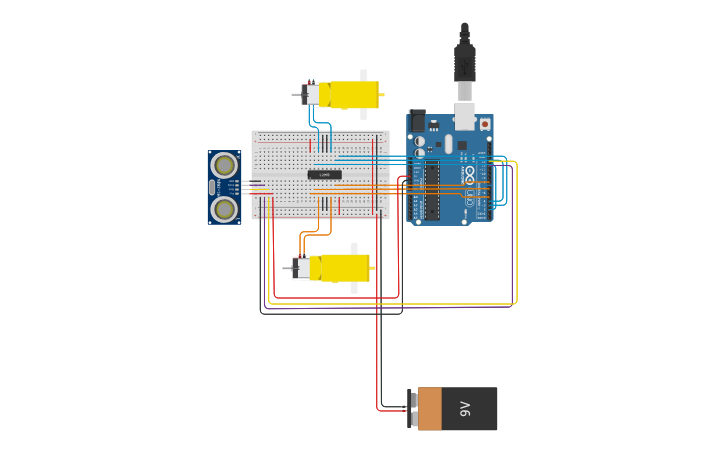 Circuit design MOTORES DC + SENSOR ULTRASSONICO | Tinkercad