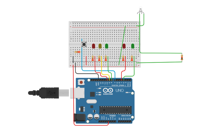 Circuit design Semáforo para Pedestres e Veículos (Com Botão) | Tinkercad