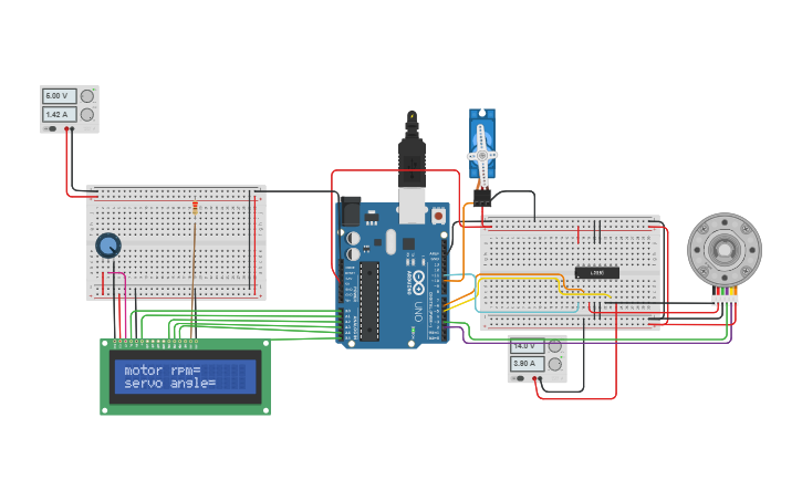 Circuit design encoded motor +servo,control by serial read - Tinkercad