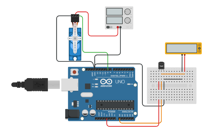 Circuit design Temperatura - Servo Motor CC - Tinkercad