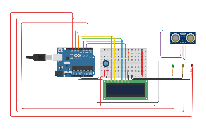 Circuit design Tugas 10 - Sensor Ultrasonic, LCD dan LED - Tinkercad