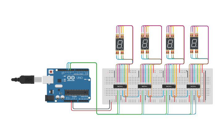 Circuit design R3 L10 4x Digits 7-Segment - Tinkercad