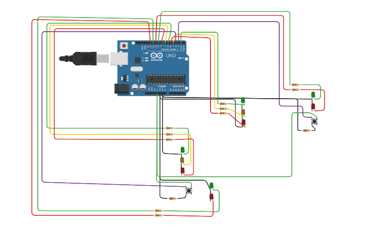 Circuit design semaforos arduino con botones peatonales - Tinkercad