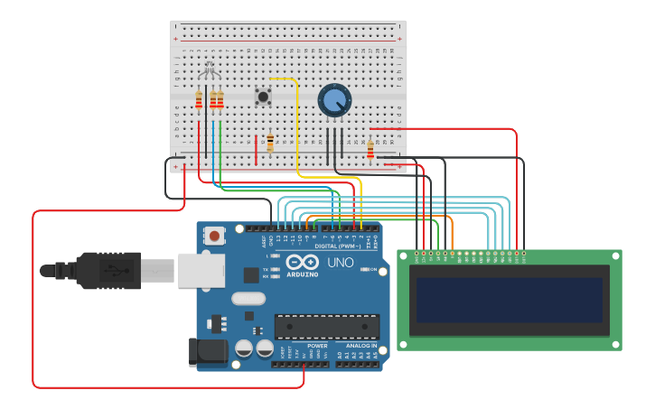 Circuit design TAREFA 4 - Circuito com Arduino, LED RGB e botão - Tinkercad