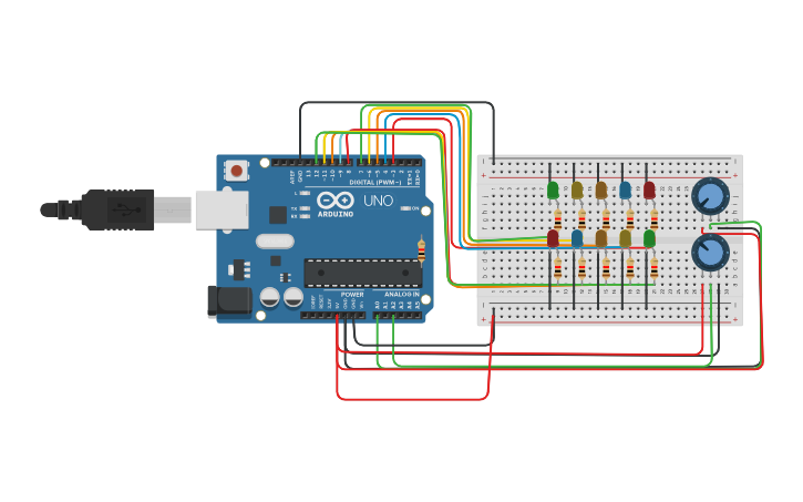 Circuit design ทดลองต่อวงจร LED ไฟวิ่งจำนวน 2 แถว ๆ ละ 5 หลอด - Tinkercad