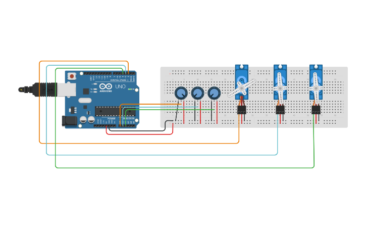 Circuit design 3 Servomotor y 3 Potenciometro | Tinkercad