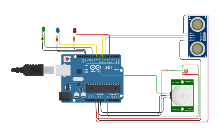 Circuit design 3 led 3 sensor | Tinkercad