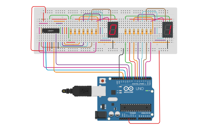 Circuit design Counter 0..99 with CD4511 and Arduino - Tinkercad