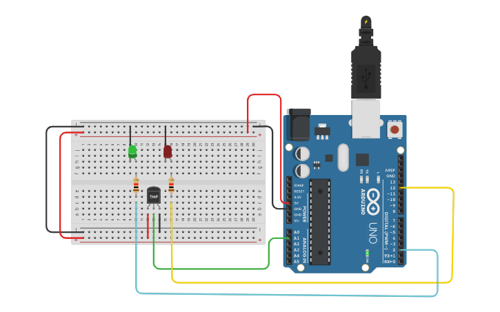 Circuit design LEDS CON SENSOR DE TEMPERATURA | Tinkercad