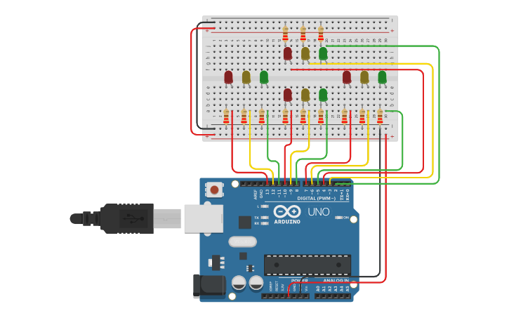 Circuit design 4 way traffic light - Tinkercad