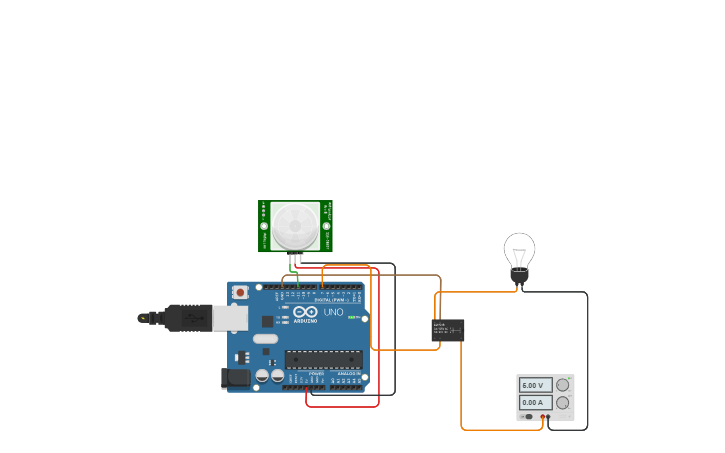 Circuit design lampu sensor PIR - Tinkercad